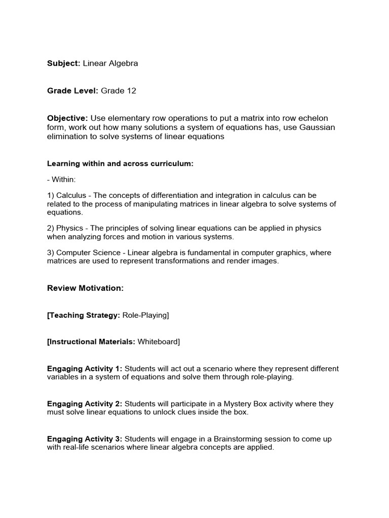 Lesson Plan | PDF | Algebra | Linear Algebra