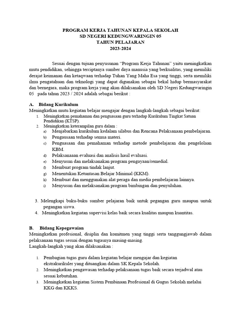 Program Kerja Kepala Sekolah Tahunan | PDF