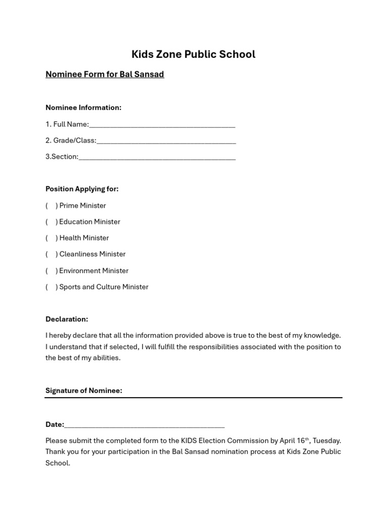 Bal Sansad Nominee Form | PDF