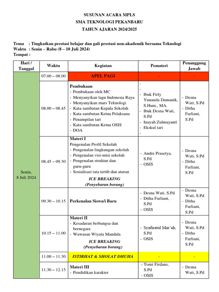 Susunan Acara MPLS | PDF