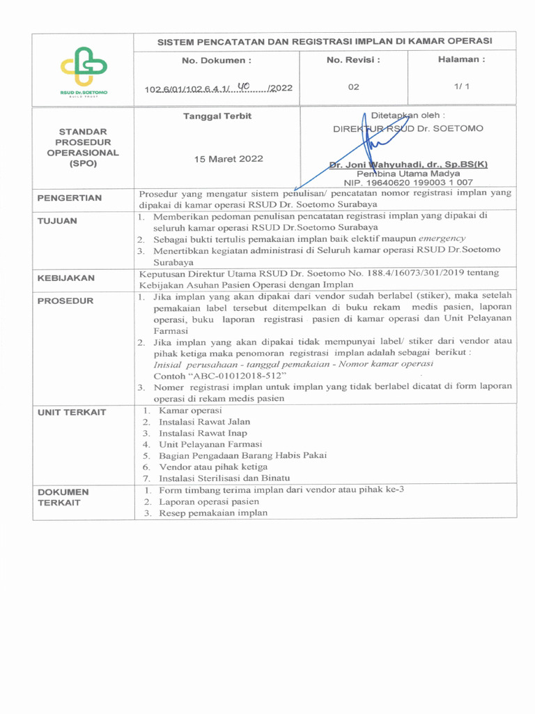 Salinan SPO Sistem Pencatatan Dan Registrasi Implan Di Kamar Operasi | PDF