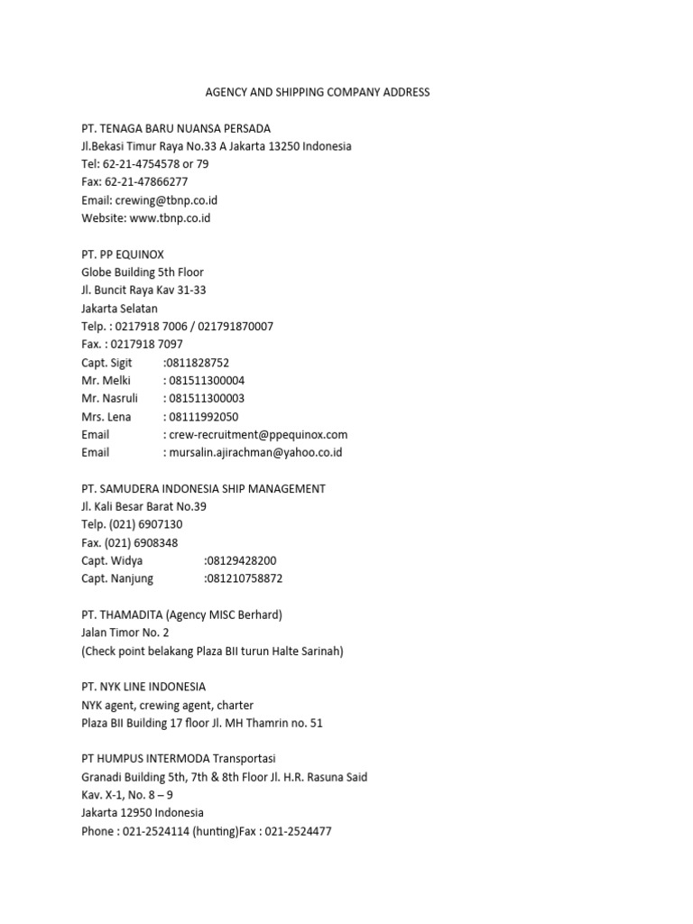 Agency and Shipping Company Address | PDF | Jakarta | Water Transport