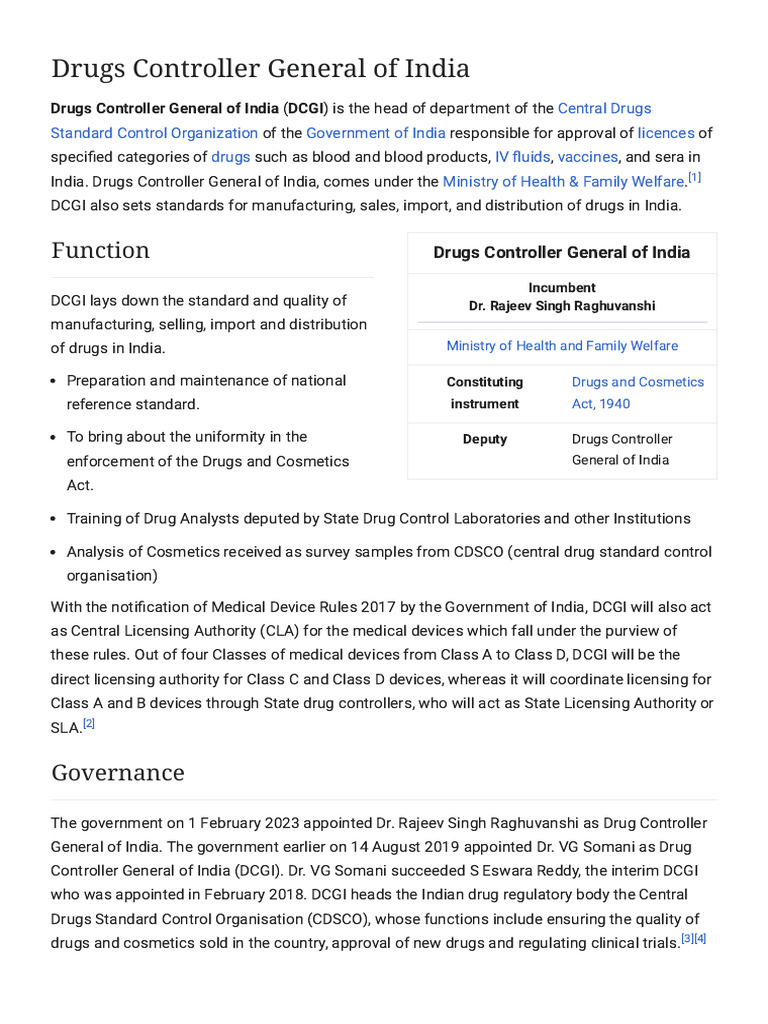 Drugs Controller General of India - Wikipedia | PDF | Health Sciences | Pharmaceutical Sciences