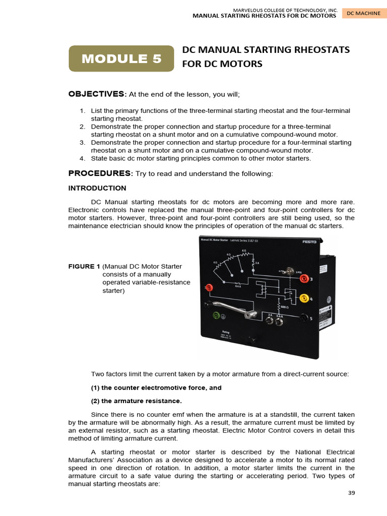 MODULE 5 - Manual Starting Rheostats for DC Motors | PDF | Electric ...