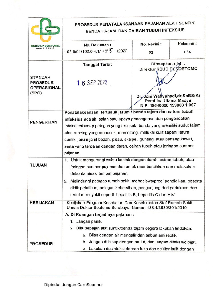 Prosedur Penatalaksanaan Pajanan Alat Suntik Dan Cairan Tubuh | PDF