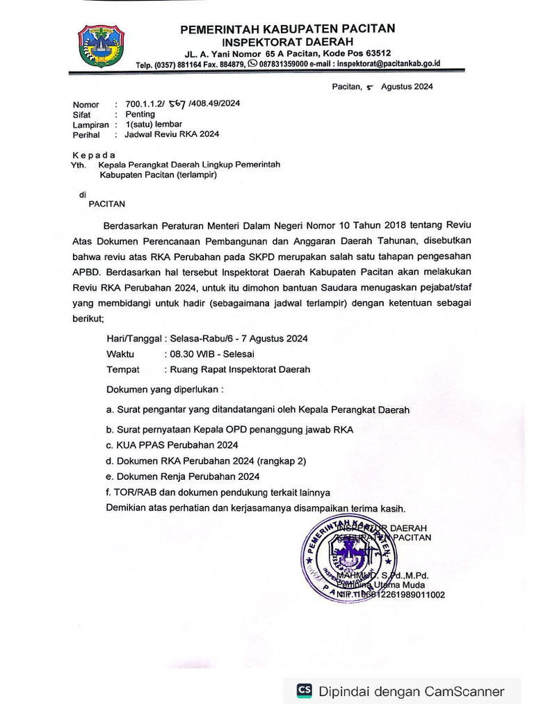 Jadwal Reviu RKA Perubahan 2024 | PDF