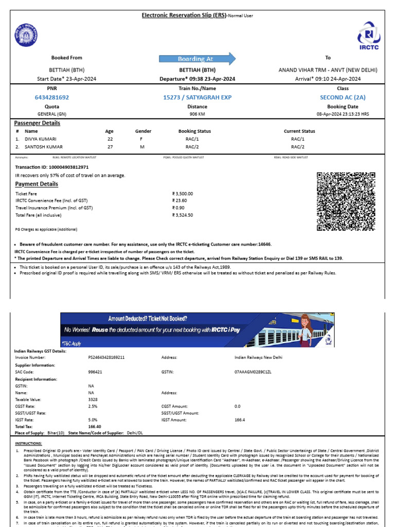 Satyagrah Exp Second Ac (2A) : Electronic Reserva On Slip (ERS) | PDF | Identity Document
