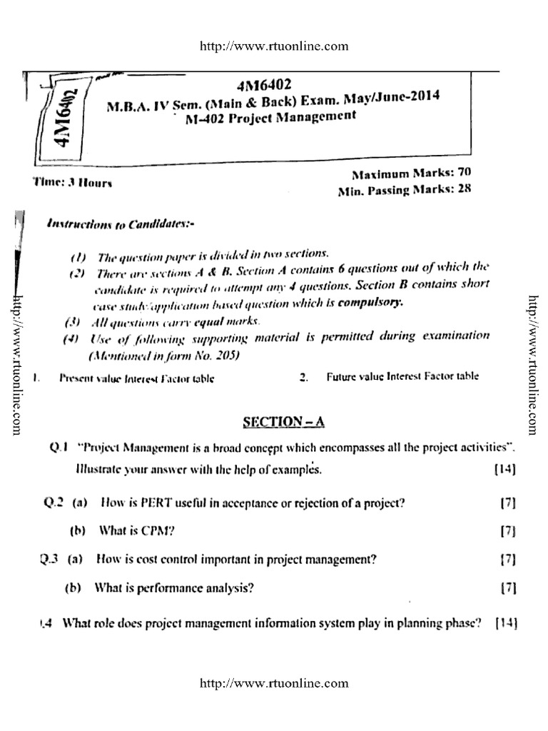 Mba 4 Sem Project Management Jun 2014 | PDF