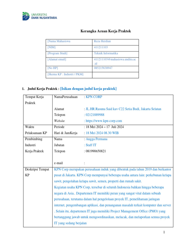 Laporan Kegiatan KP Reza Herdian-411211103 | PDF