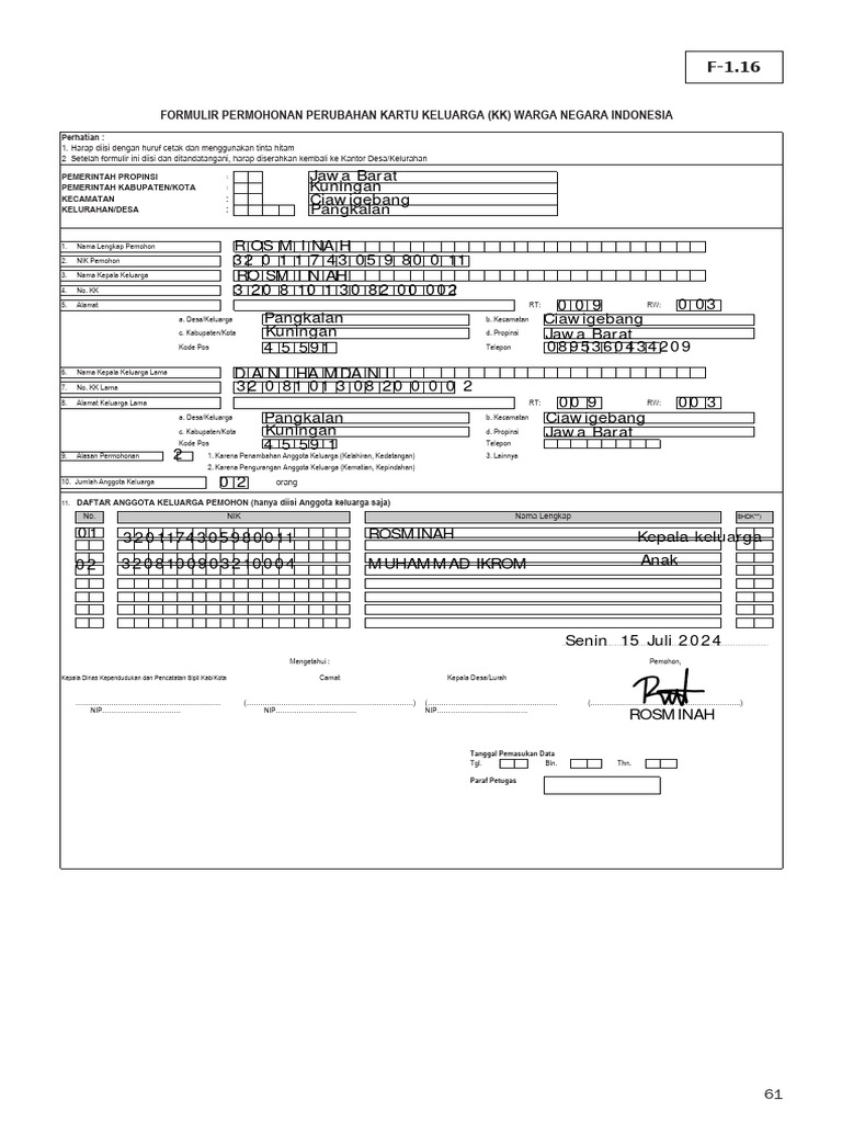 Formulir Permohonan Perubahan Kartu Keluarga (KK) Warga Negara ...