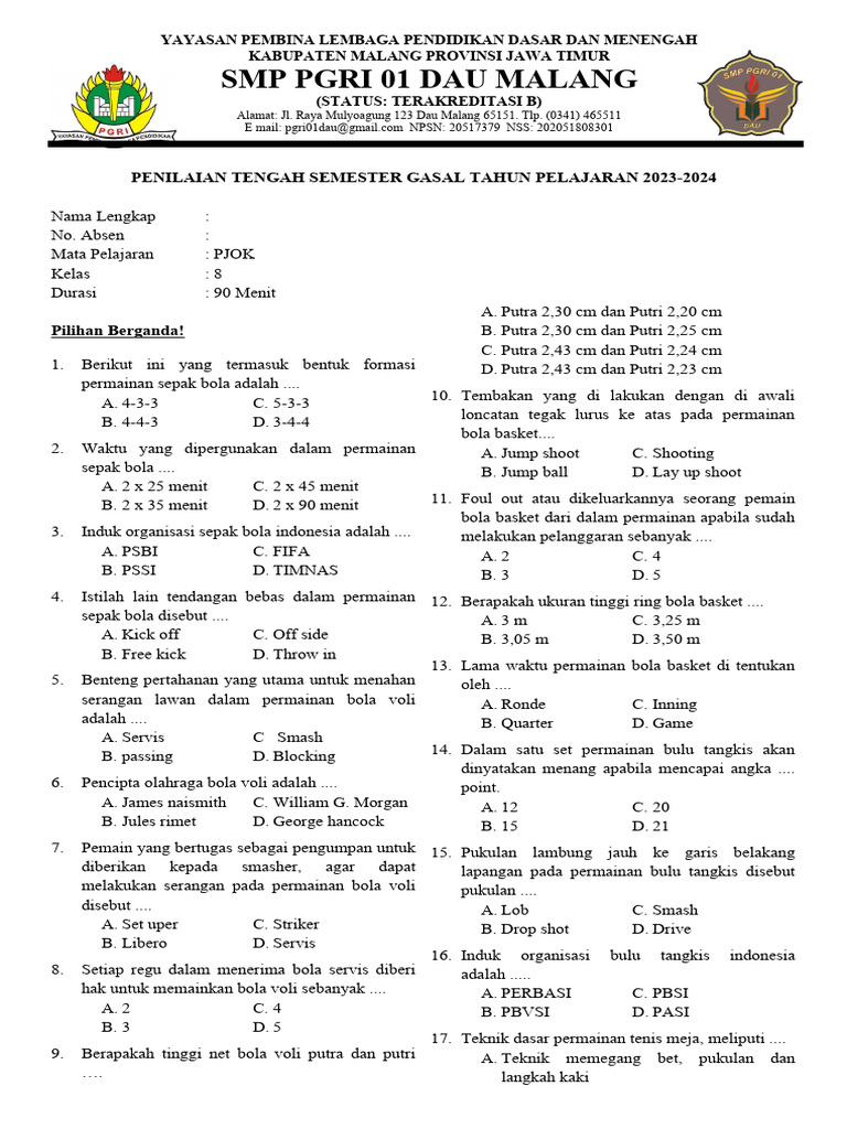 PTS PJOK 8 Gasal 2023-2024 | PDF