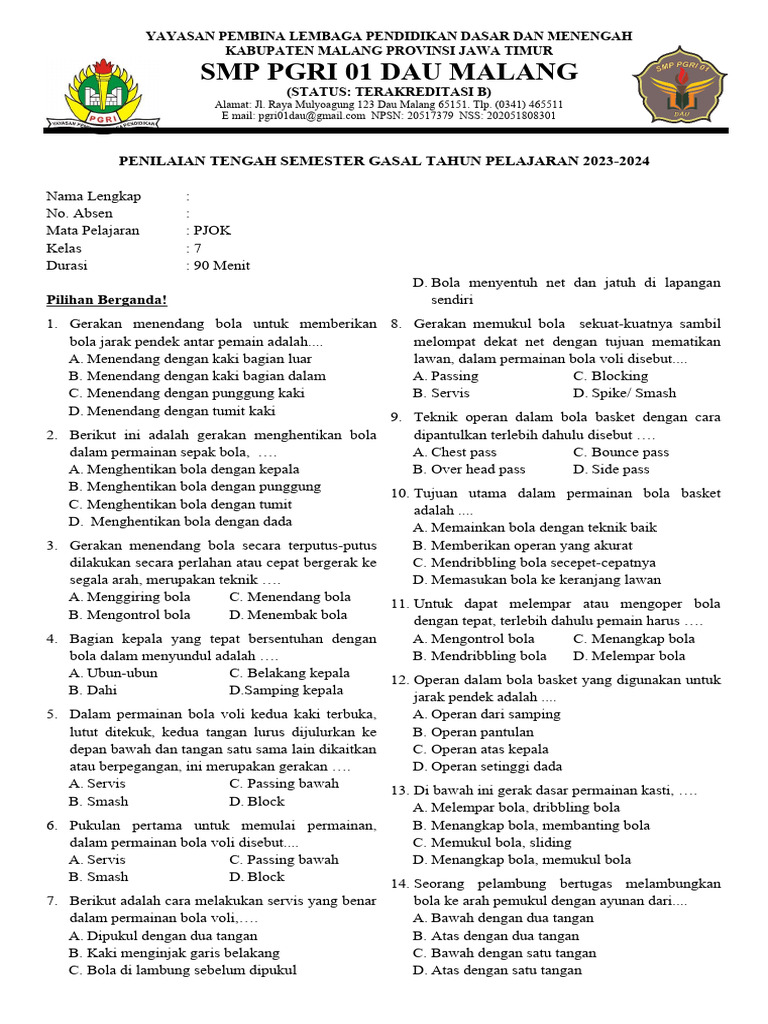 PTS PJOK 7 Gasal 2023-2024 | PDF