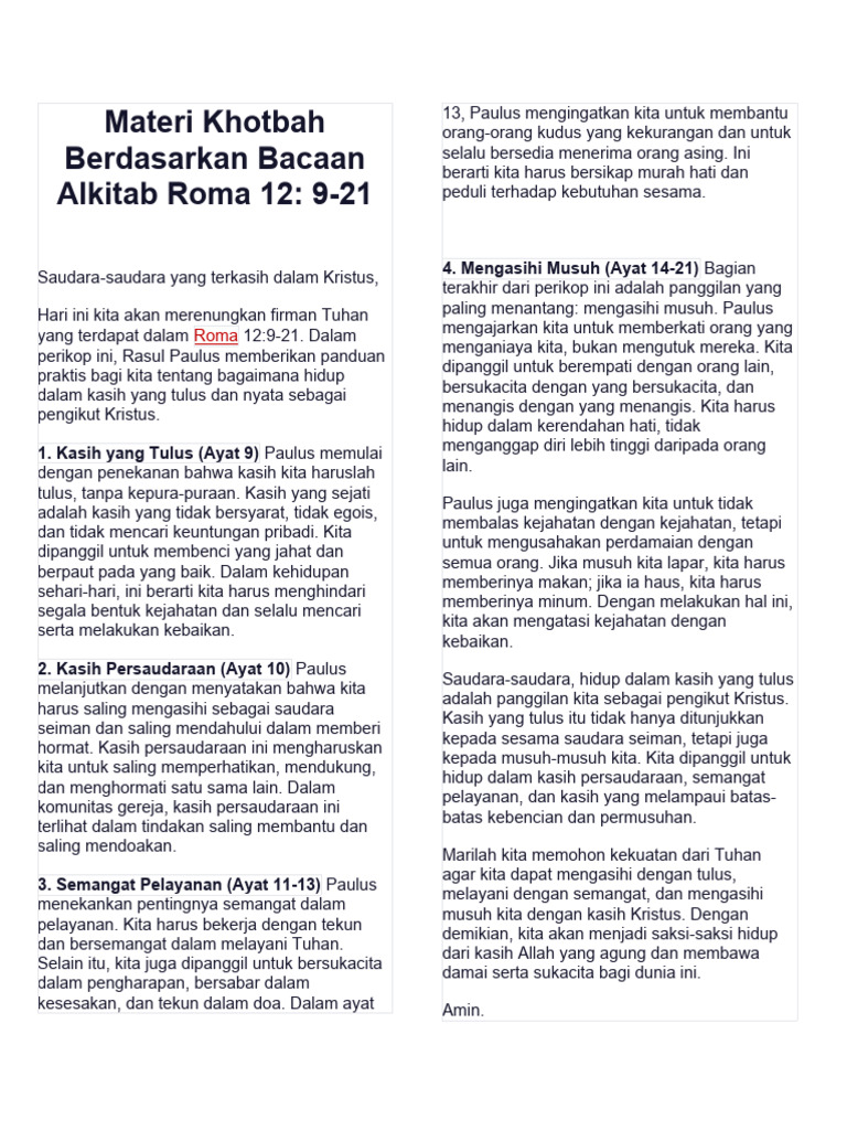 Materi Khotbah Berdasarkan Bacaan Alkitab Roma 12 | PDF