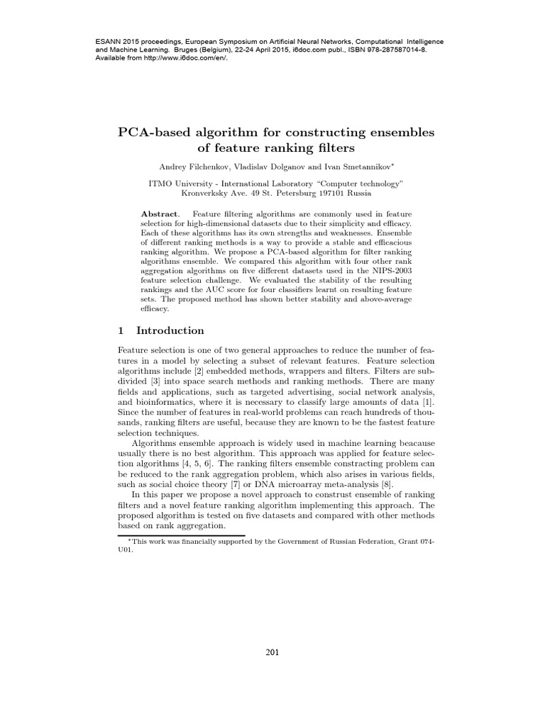 PCA-based Algorithm For Constructing Ensembles of Feature Ranking Filters | PDF | Machine ...