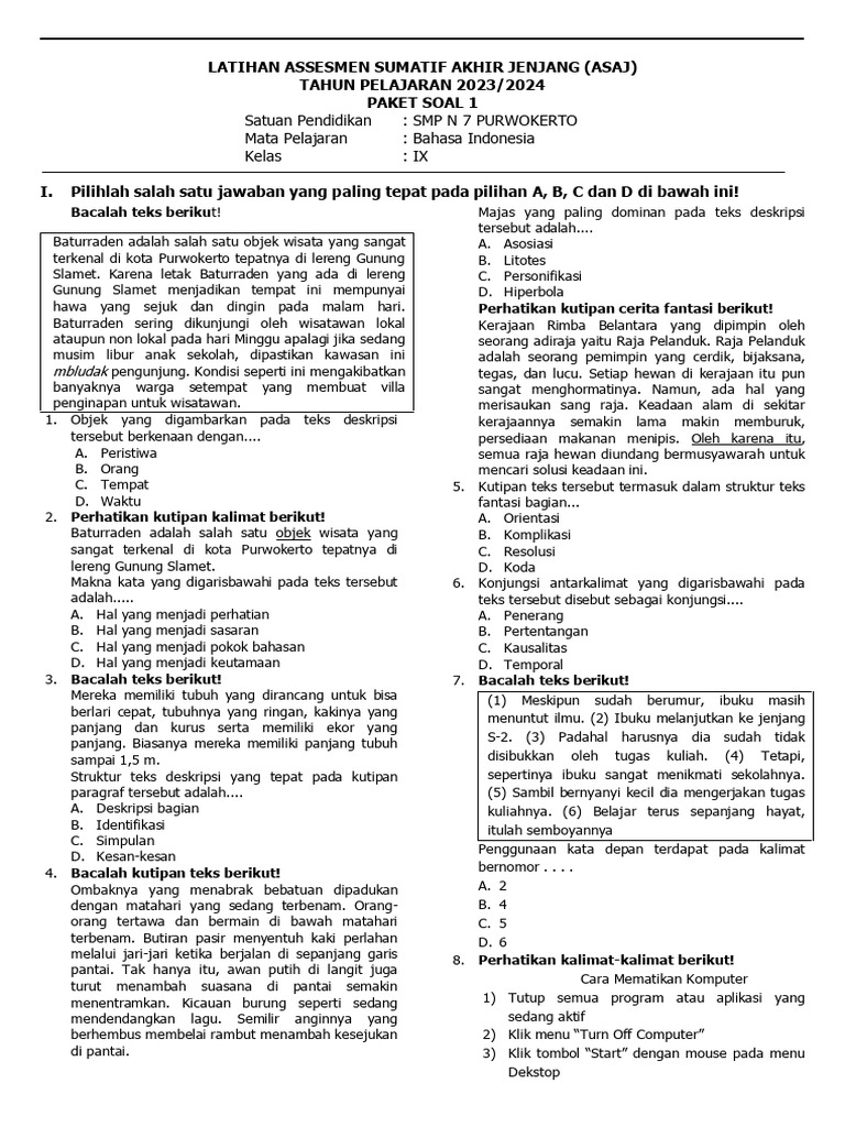 Paket Soal 1 Latihan Asaj Bind Kelas Ix | PDF