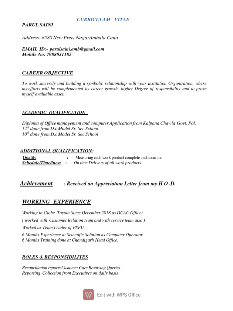 Resume Parul Saini | PDF | Career & Growth