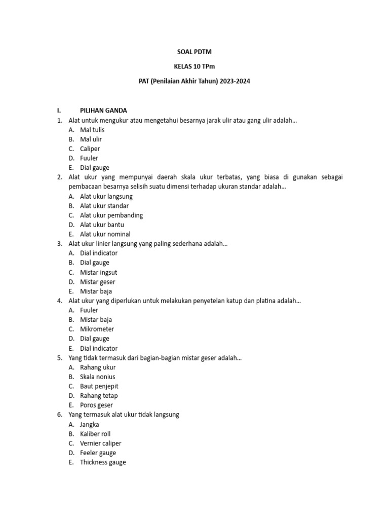 Soal Pat 2024 PDTM 10 TPM (Novan) | PDF