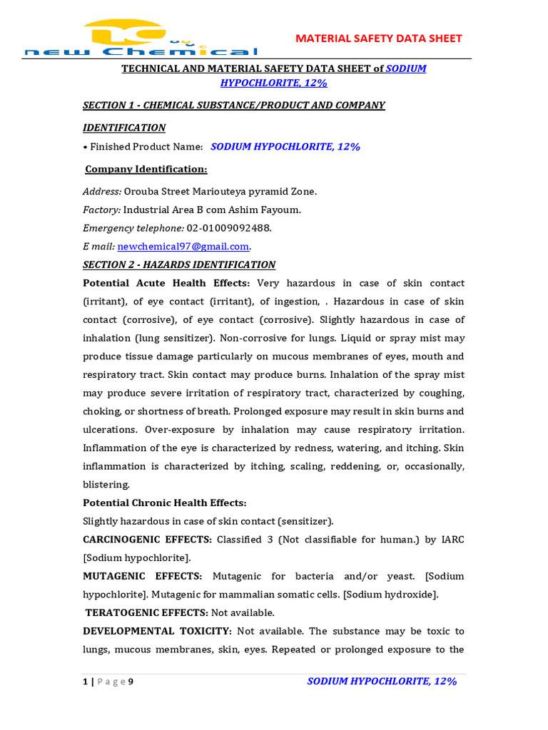 Sodium Hypochlorite TDS Msds | PDF | Ammonia | Chemical Substances