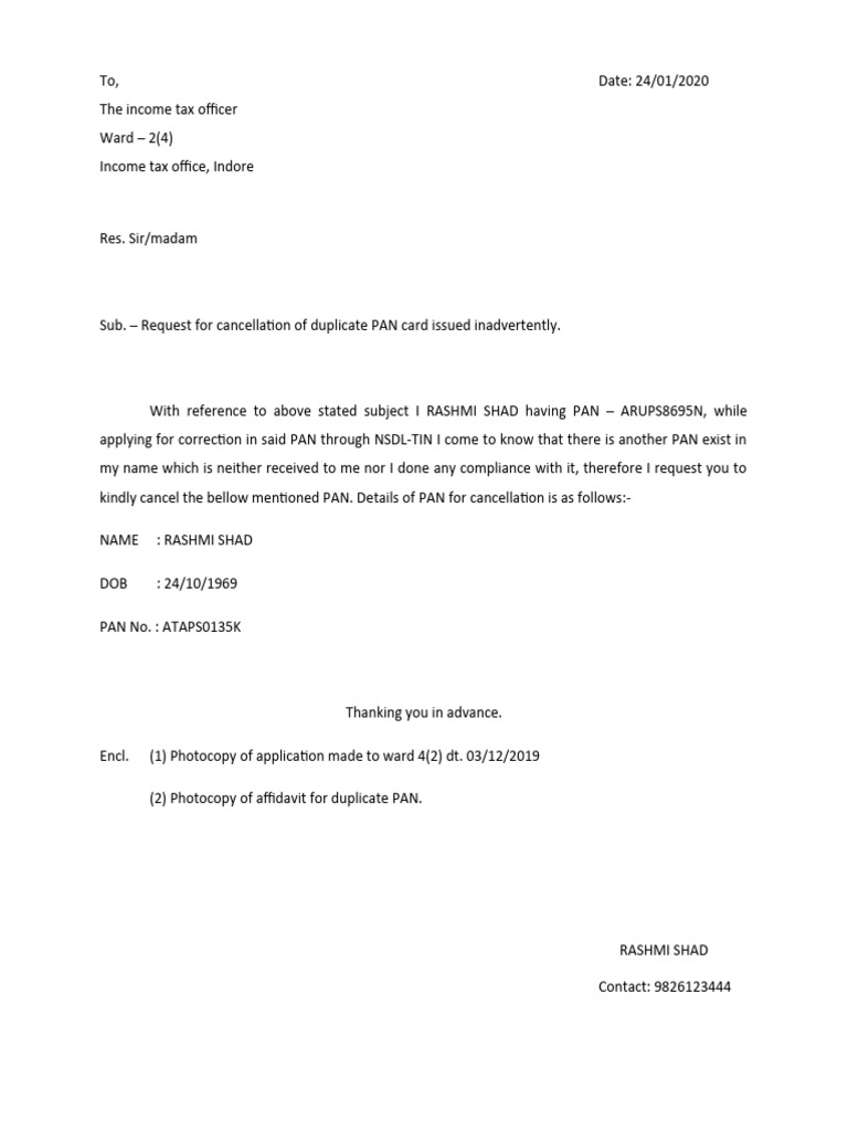 Pan Card Surrender Latter | PDF | Taxes | Taxation