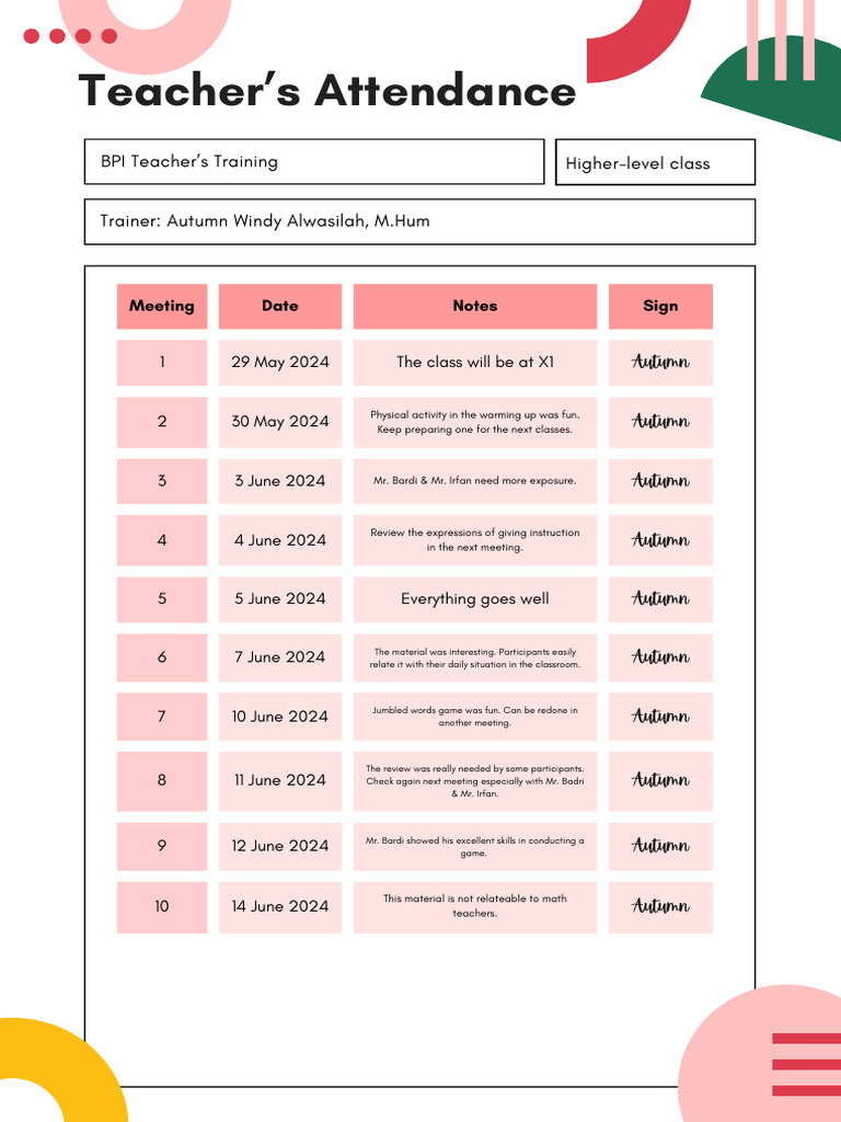 Autumn's Attendance & Lesson Plan Revised | PDF | Learning | Educational Assessment