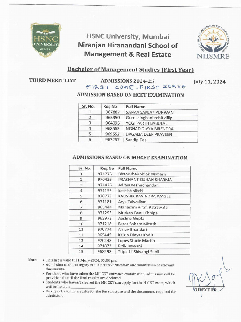 BMS3 RD Merit List | PDF