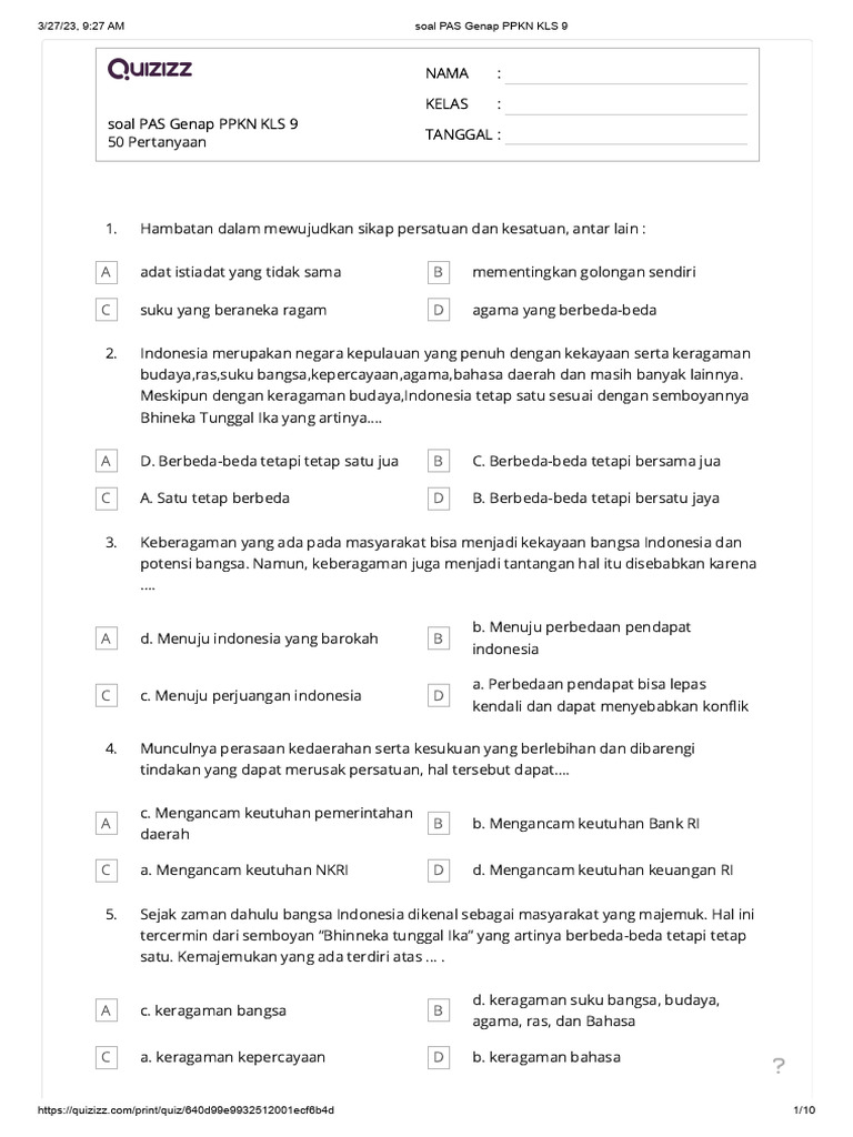 Soal PAS Genap PPKN Kelas 9 | PDF