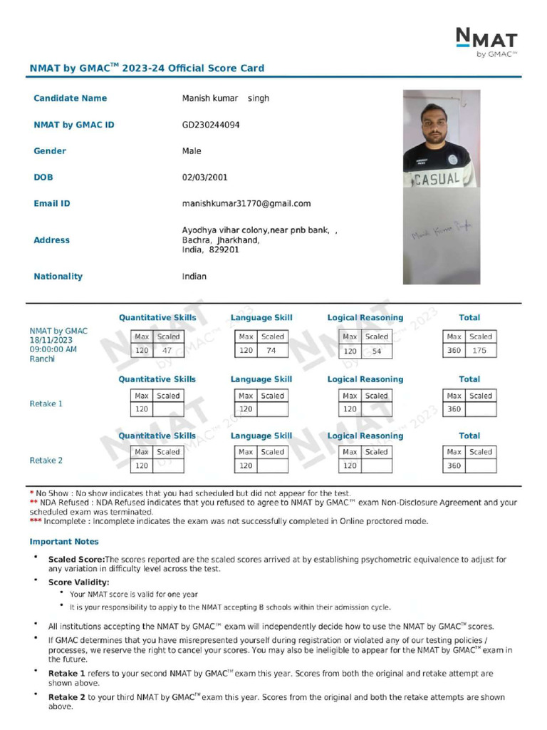 Exam - Score - Card (1) Nmat | PDF