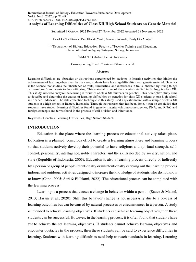 Analysis of Learning Difficulties of Cla | PDF | Heredity | Genetics