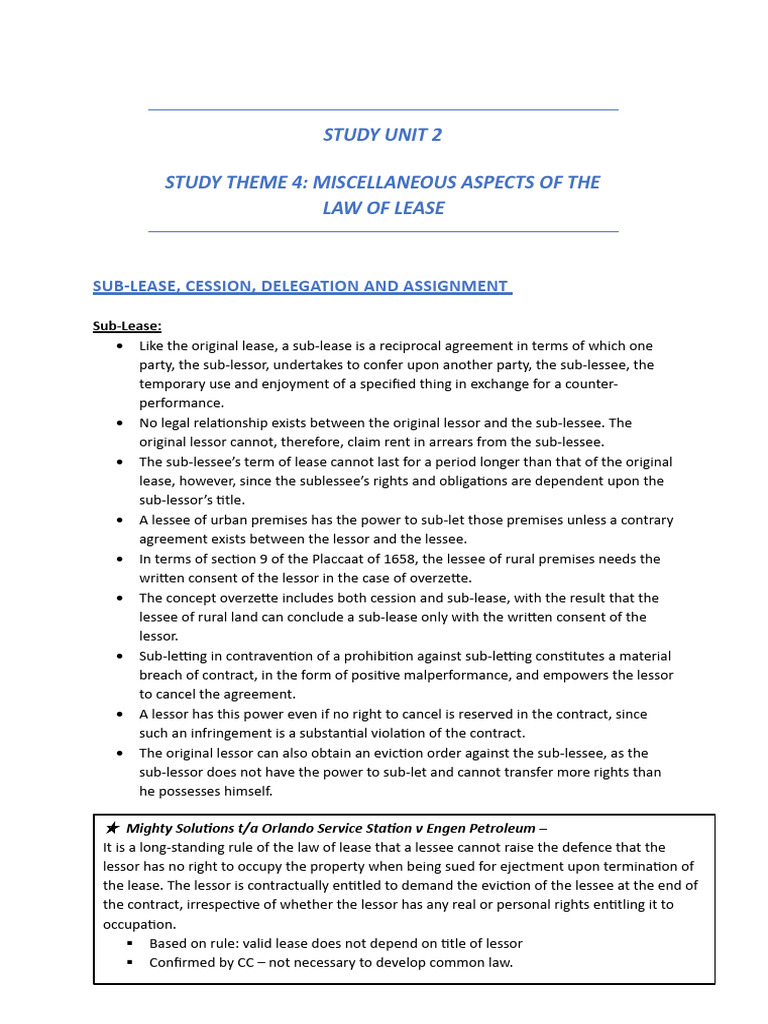 STUDY UNIT 2 - Study Theme 4 | PDF | Lease | Private Law