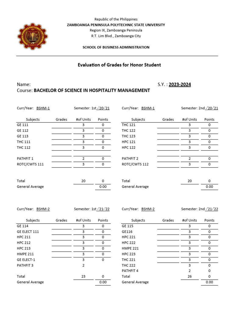 Evaluation of Grades For Honor Student 2024 SBA | PDF