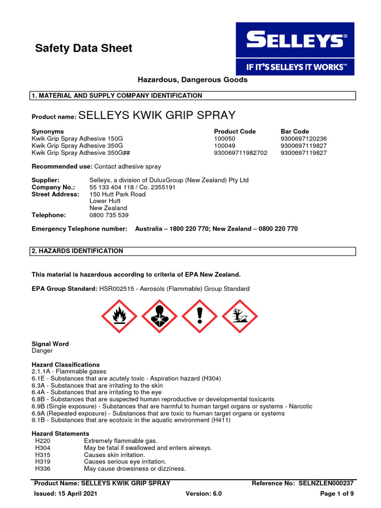 Selleys Kwik Grip Spray Safety Data Sheet | PDF | Dangerous Goods ...