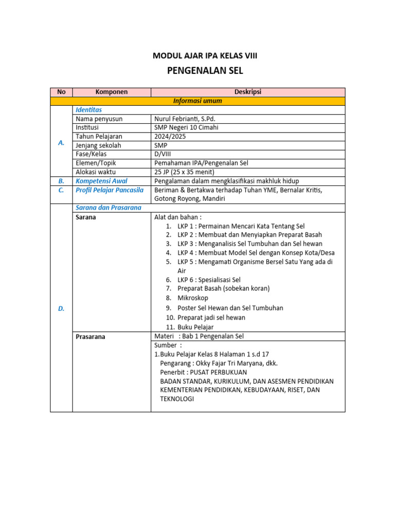 Modul Ajar Bab 1 Pengenalan Sel | PDF