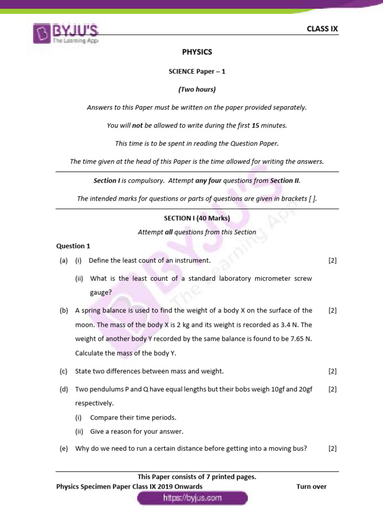 ICSE Class 9 Physics Sample Paper 2019 | PDF | Waves | Velocity