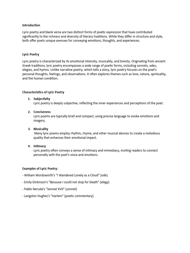 Lyric Poetry vs. Blank Verse Explained | PDF | Poetry | Lyric Poetry