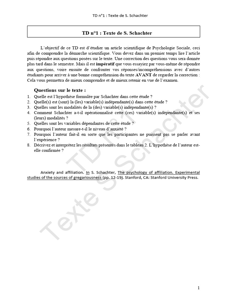 TD n°1 | PDF | Experiment | Anxiety