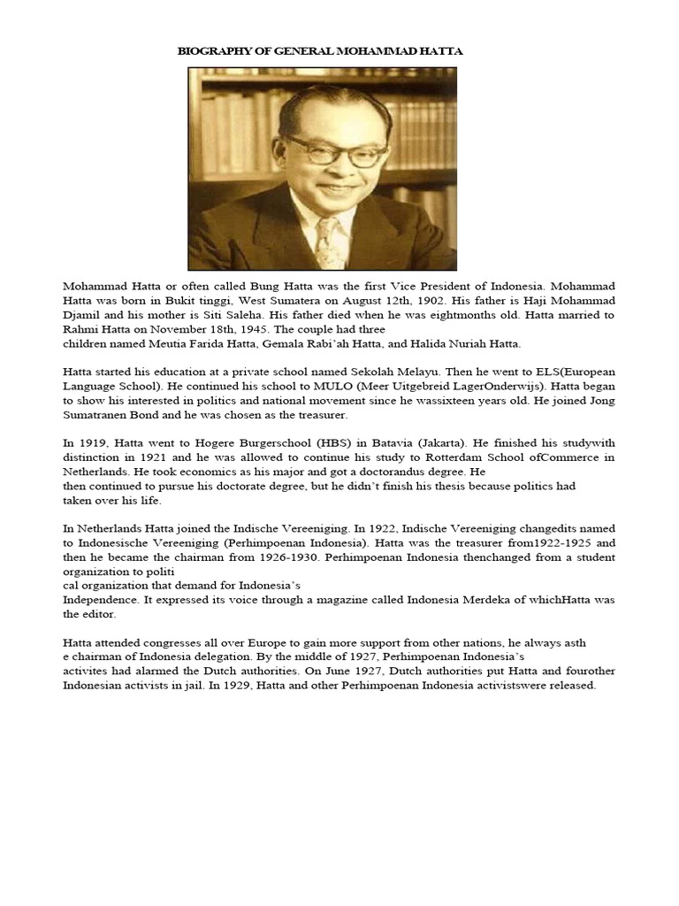 BIOGRAPHY OF GENERAL MOHAMMAD HATTA | PDF | Indonesian People ...