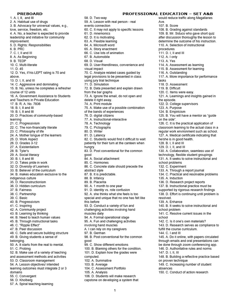 Professional Education - SUNN - Preboard 2024 SET A and B Answer Key ...