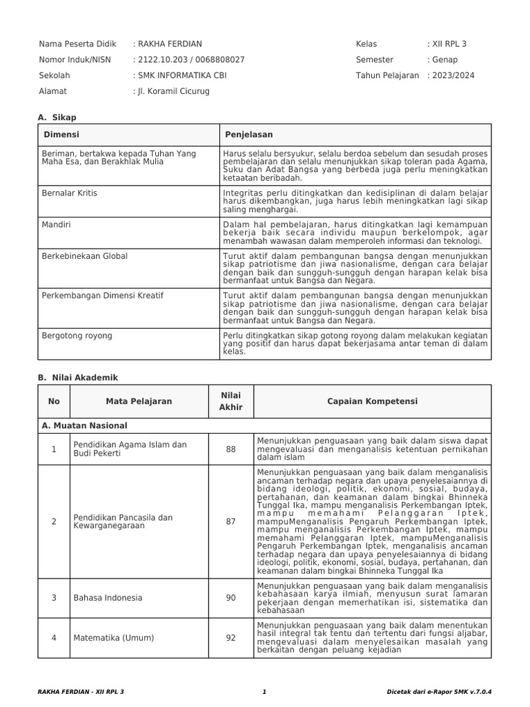 Rapor Rakha Ferdian - Xii RPL 3 | PDF