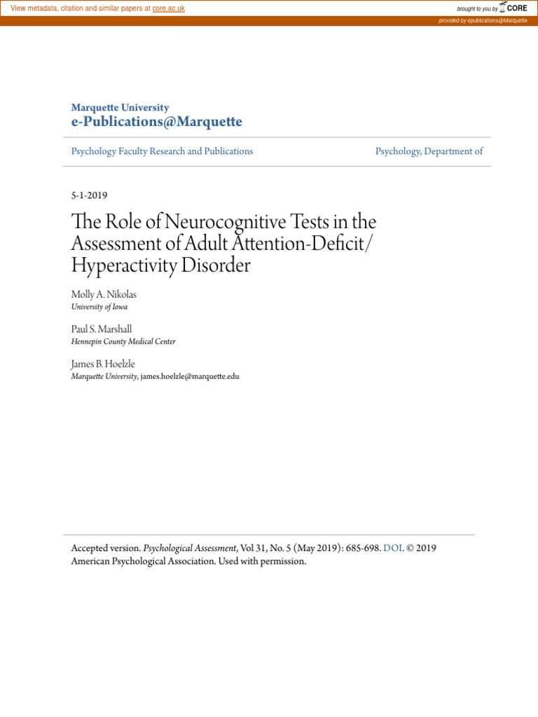 The Role of Neurocognitive Tests in The Assessment of Adult Attention ...