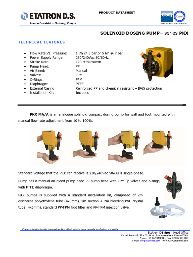 Etatron PKX Solenoid Dosing Pump Datasheet | PDF | Pump | Mains Electricity