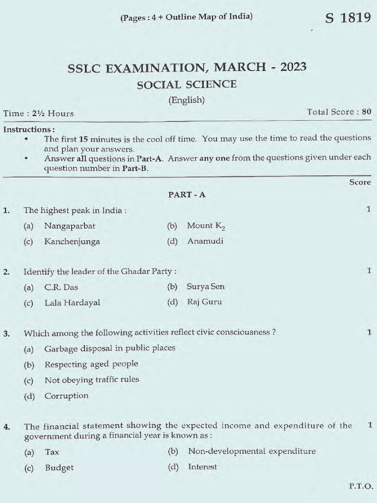 Kerala SSLC Exam March 2023 Social Science Question Paper EM | PDF