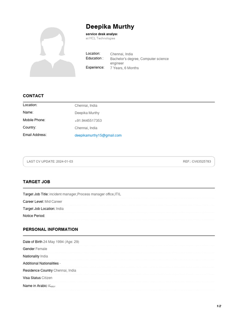 Cv63525783 Deepika Murthy Incident Managerprocess Mana | PDF | Career ...