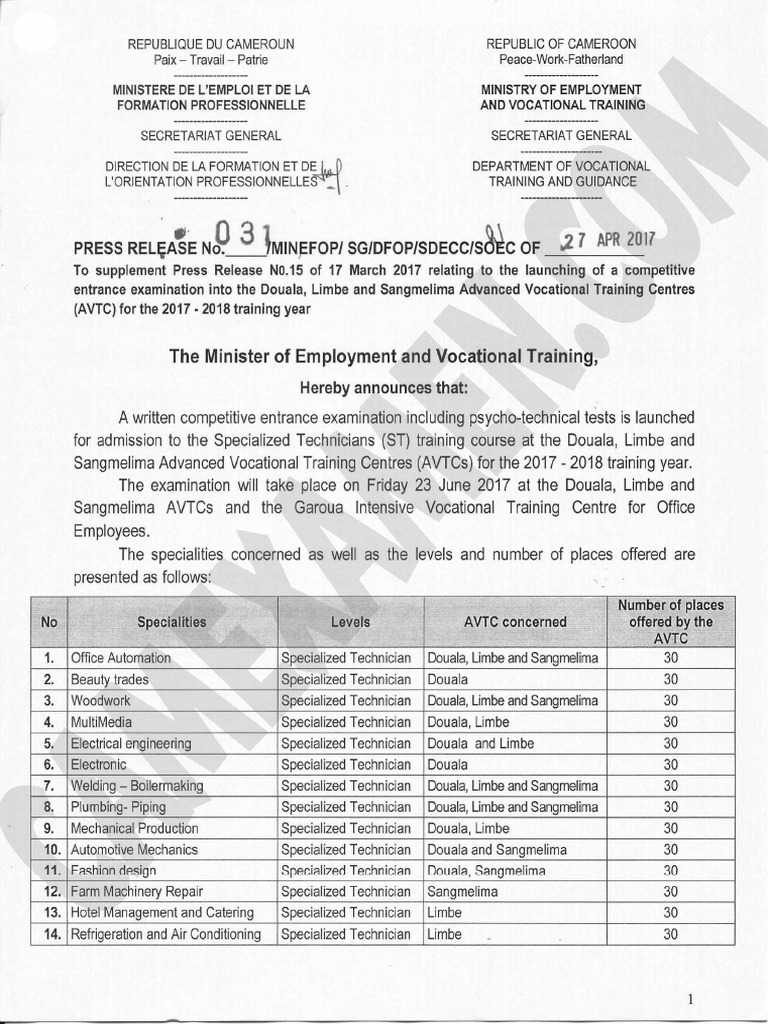 Minefop Advanced Vocational Training Centres 2017 | PDF