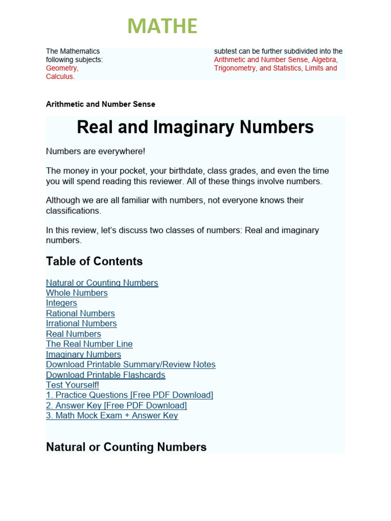 The Mathematics Subtest Can Be Further Subdivided Into The Following ...
