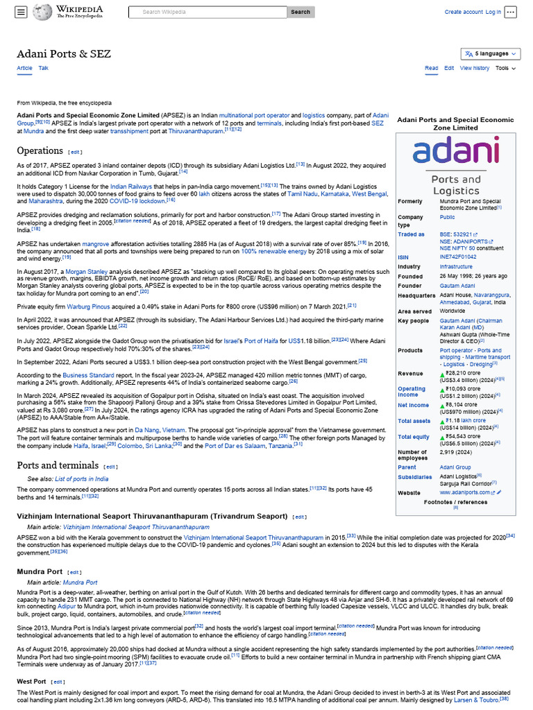 Adani Ports - Sez - Wikipedia | PDF