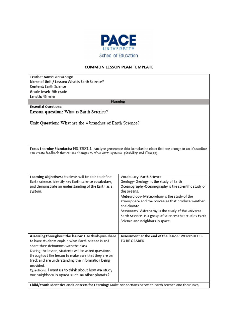 Anisa Saigo Lesson Plan Earth Science | PDF | Earth Sciences | Science