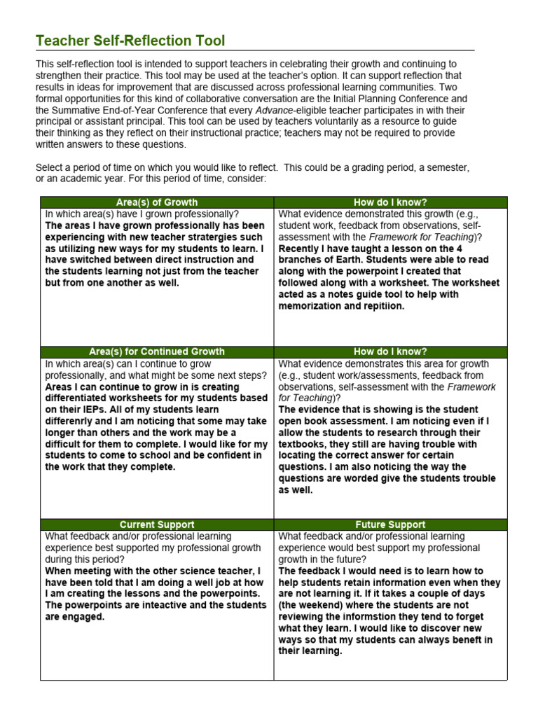 Saigoteacher Self Reflection Tool | PDF | Teachers | Learning
