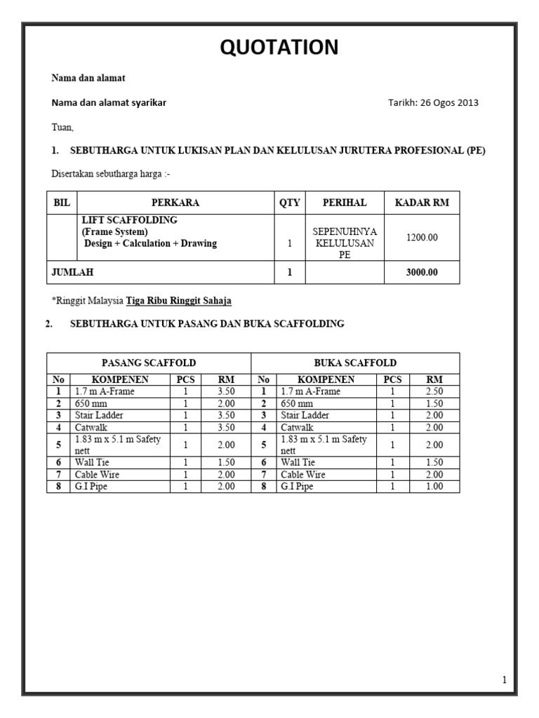 Contoh Sebut Harga Scaffolding | PDF
