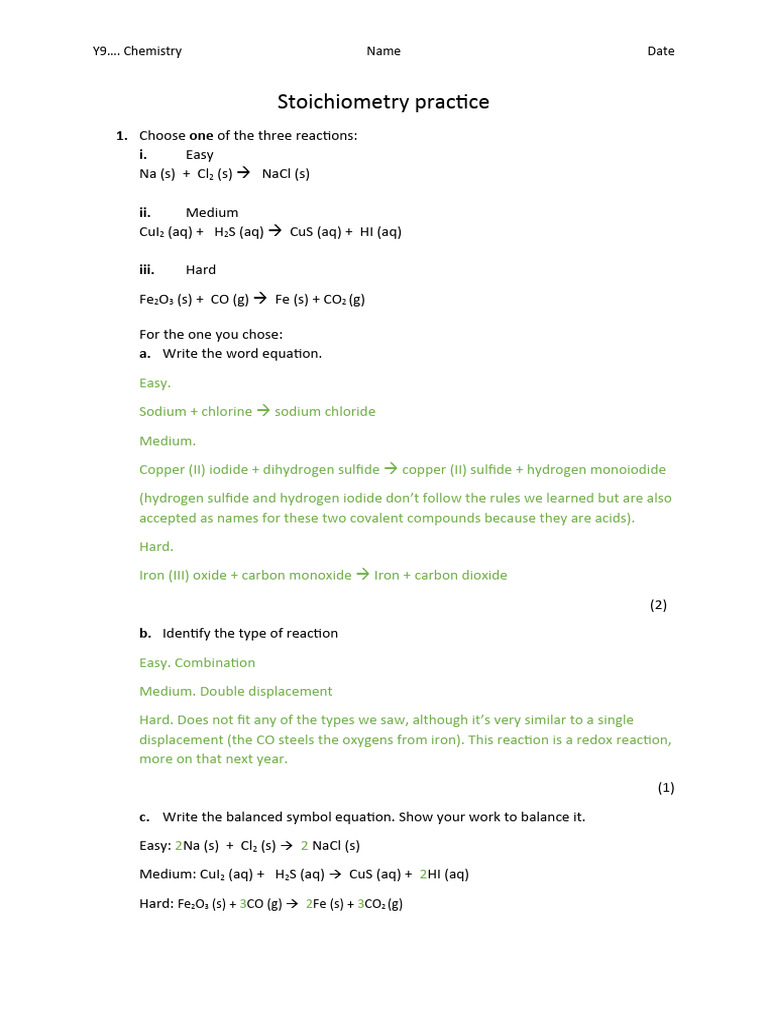 Stoichiometry Practice ANSWERS | PDF | Hydroxide | Chemical Reactions
