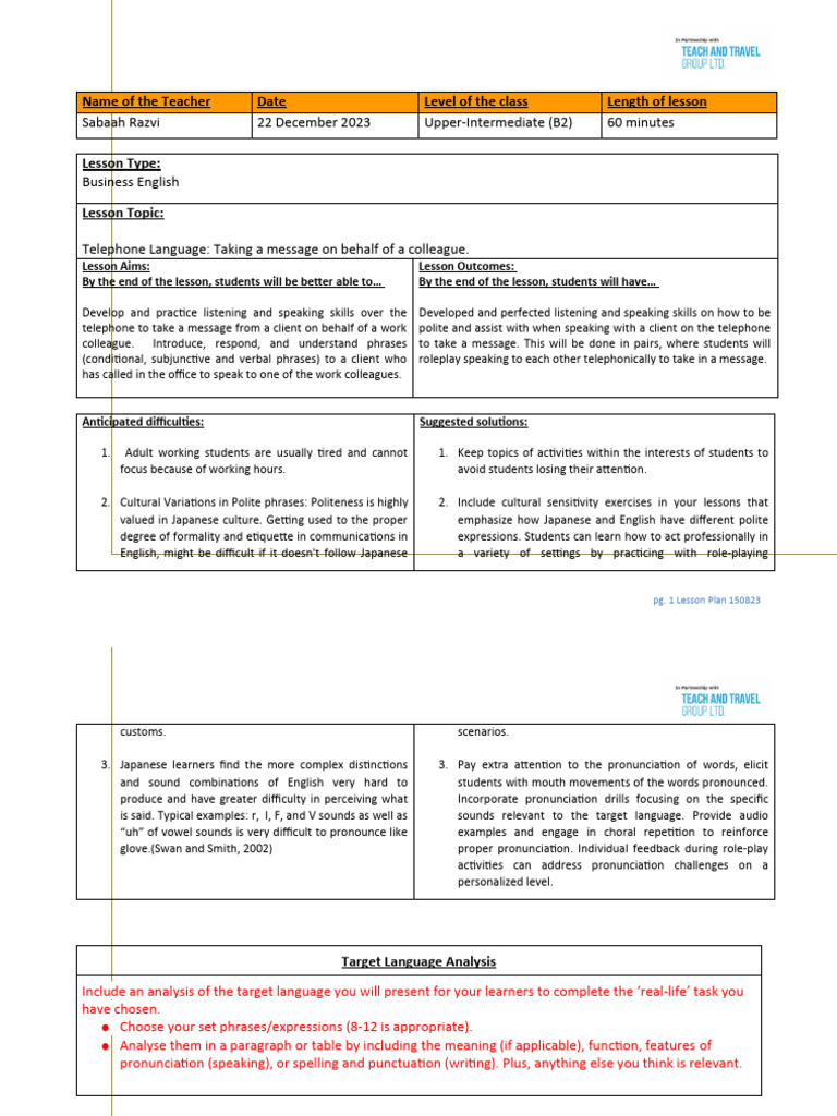 Sabaah Razvi, Lesson Plan, Business English | PDF | Learning | Thought